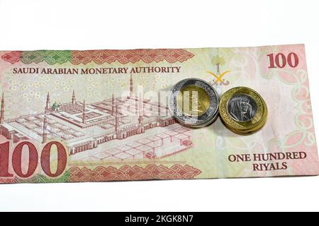 Saudi Arabia coins of 1, 2 SAR one and two Saudi Arabia riyals features ...