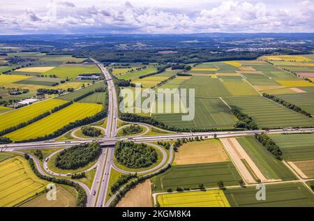 Aerial view, Werl interchange of freeway A44 and freeway A445, Werl ...