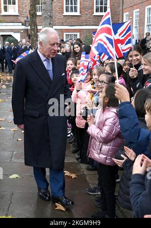 King Charles III meets pupils from Dyce Primary School during a visit ...