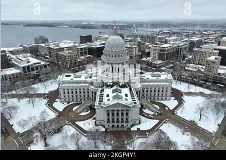 An aerial view of Madison, Wisconsin, the State Capitol, and the ...