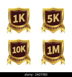 Subscriber badge collection with golden ribbon. Badges for social media ...