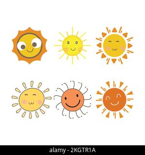 Cute sun with eyes and smile. Yellow sun smiling face in doodle style ...