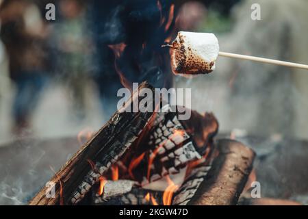 Cooking marshmellow candies on a fireplace Stock Photo - Alamy