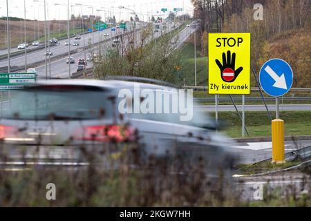 Stop wrong way sign at Expressway S6 called Obwodnica Trojmiasta ...