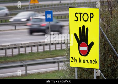 Stop wrong way sign at Expressway S6 called Obwodnica Trojmiasta ...