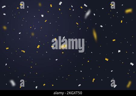 Golden and silver confetti falling isolated on dark blue background ...