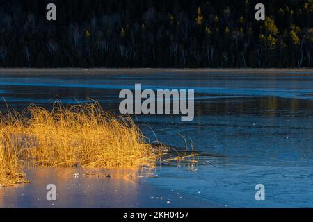 Frozen Simon Lake near sunset, Greater Sudbury, Ontario, Canada Stock ...