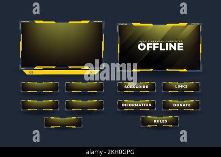 Overlay game stream interface, neon screen panel frames, vector live twitch UI buttons. Streamer ...