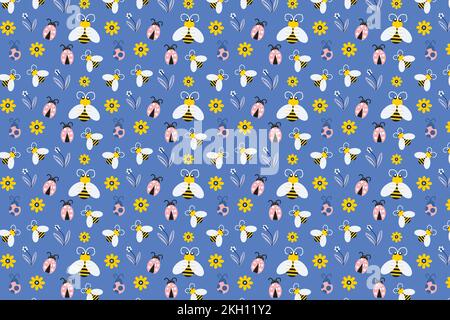 Seamless pattern with bees on floral background. Small wasp. Vector illustration. Adorable ...