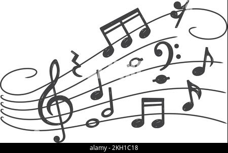 Illustration of musical notes on a curved staff isolated on a white ...