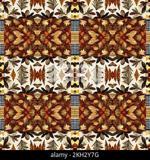 Autumn leaf quilt style vintage seamless pattern. Homely cottage core ...
