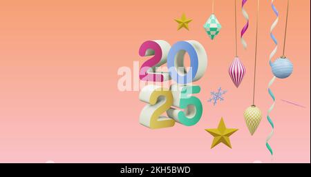 Image of 2025 number over new year and christmas decorations on pink ...