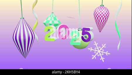 Image of 2025 number over new year and christmas decorations on purple ...