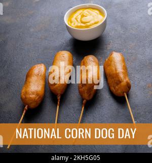 Composition of national corn dog day text over corn dog on red and ...
