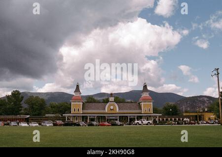 The Conway Scenic Railway station with a dramatic sky with visitors ...