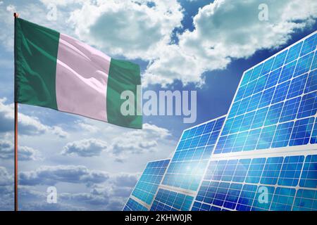 Solar energy panels with Nigeria flag background. Sustainable resources ...