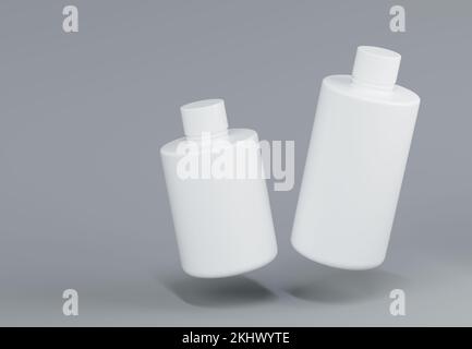 Two plastic shampoo bottles floating on gray background 3D render ...