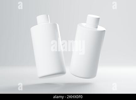 Two plastic shampoo bottles floating on studio background, 3D render of ...