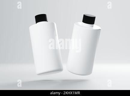 Two plastic shampoo bottles floating on gray background 3D render ...
