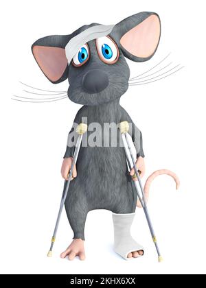 3D rendering of an injured cartoon mouse wearing a head bandage and ...
