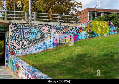 Colorful graffiti beneath a bridge next to a staircase and a river ...