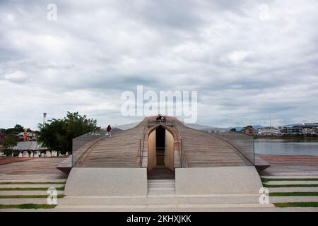 Exterior art design of landmarks Pa San or Pasan wooden bridge for thai ...