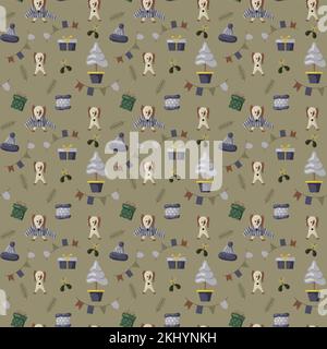 Christmas seamles pattern with tree, santa, decoration, gifts ...