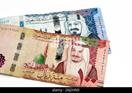 500 SAR five hundred Saudi Arabia riyals cash money banknote with pile ...