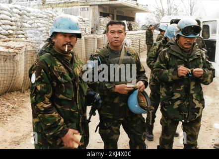 Nepalese United Nations soldiers man a UN checkpoint in Bosnia in 1995 ...