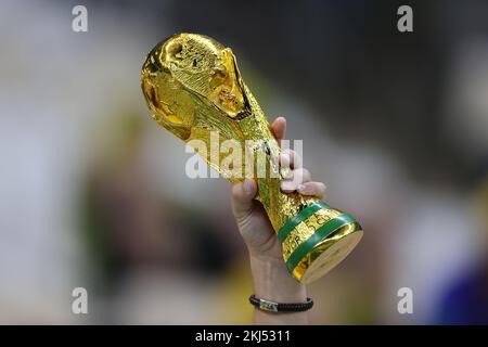 A fan holds up a replica of the FIFA World Cup trophy with previous ...