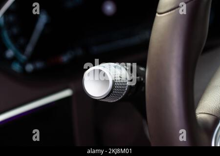 Turn signal lever close up. Modern car interior details. Car wipers ...