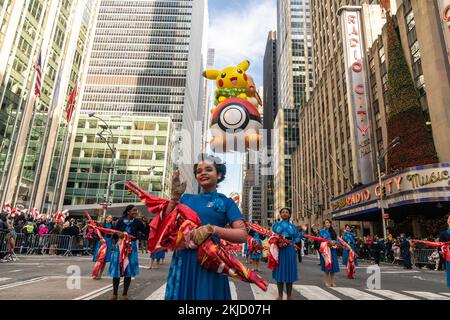 Pokemon Pikachu and Eevee balloon flown during 97th annual 2023 Macy's ...