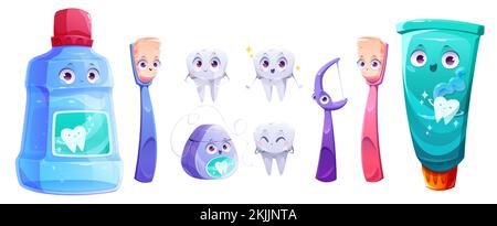 Cartoon tooth characters with dental floss, vector dentistry, oral ...