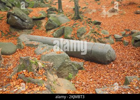 Roman giant column in Felsenmeer in the Odenwald, Hesse, Germany Stock ...