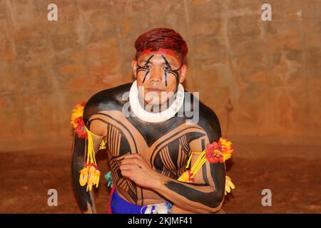 Indigenous people, man of the indigenous people Mehinako decorated with ...