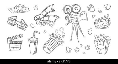 Cinema film, camera, popcorn and other objects. Cinema set in doodle style. Vector illustration ...