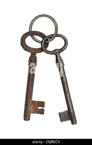 Two old vintage keys isolated on white background. Safety and security ...