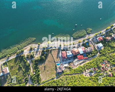 An aerial top shot of the Ohrid lake near Lagadin beach Stock Photo - Alamy