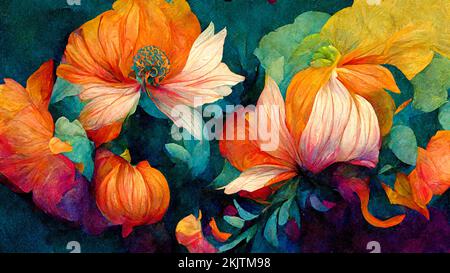 Abstract composition of plants and flower petals painting color texture ...