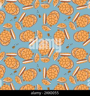 Pattern cookies with filling and biscuit crumbs on a blue background ...