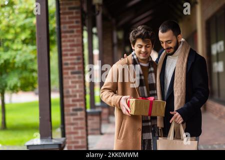 Young gay couple standing by christmas tree wearing hat making fish ...