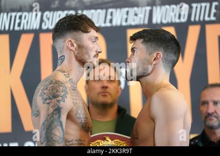 John Ryder (left) and Zach Parker during weigh-in at the Hilton Canary ...