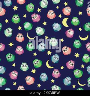 Cute multicolored owls at night with stars, clouds and moon. Seamless ...