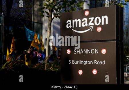 Stickers which were placed on the Amazon logo during a protest outside ...