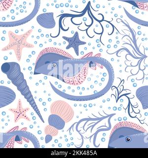 Batomorphi sea life, fish, animals bright seamless pattern. sea travel ...