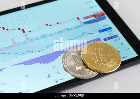 Physical Ethereum and Bitcoin over a portable device showing a price ...