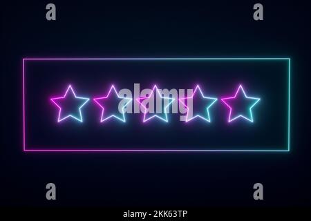 5 stars rating sign frame, neon light background, 3d render, panoramic ...