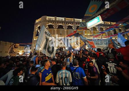 Argentina fans enjoy the atmosphere at the Souq Waqif, Doha, Qatar, during the FIFA World Cup ...