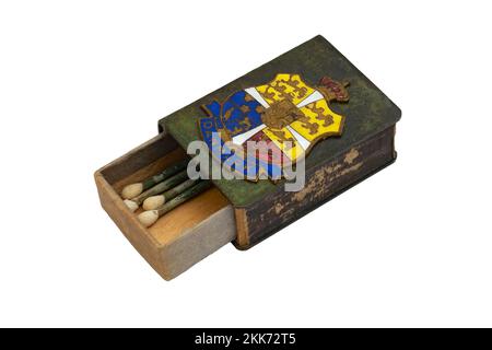 old matchbox with emblem of Denmark on abstract background made from ...