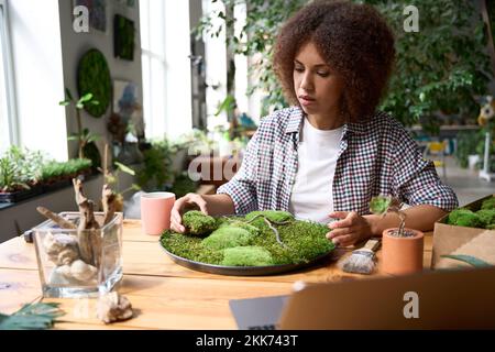 Young woman making green ikebana in florist workshop Stock Photo - Alamy